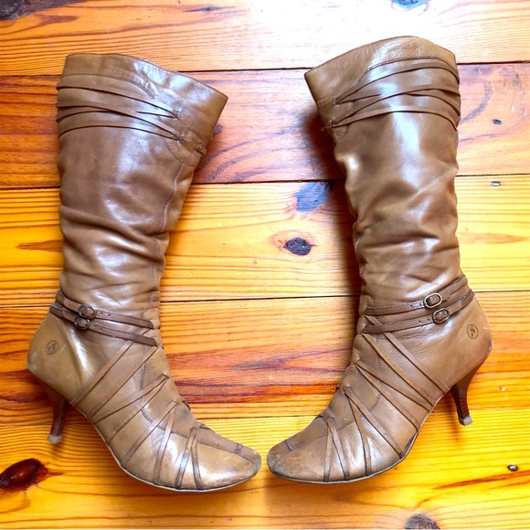 Bronx | Shoes | Bronx Tab Cognac Leather Knee High Heels Euv 95 | Poshmark